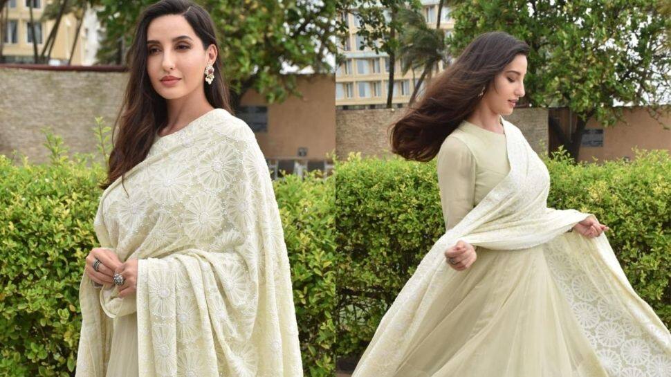 Nora Fatehi twirls for paps in breathtaking lemon yellow anarkali - In ...
