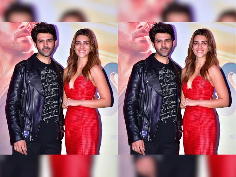 Kriti Sanon opts for strapless red dress, Kartik Aayan dons all-black look at Shehzada trailer ...