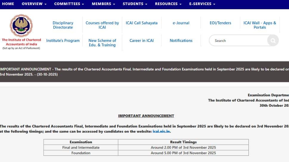 ICAI CA Result 2025: September Session Results To Be Out On November 3 ...