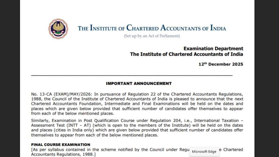 ICAI CA May 2026 Datesheet Released At eservices.icai.org- Check ...