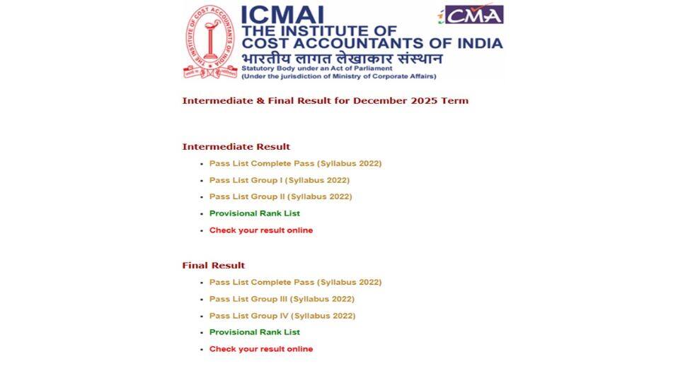 ICMAI CMA December 2025 Results Out: Check toppers for Intermediate ...
