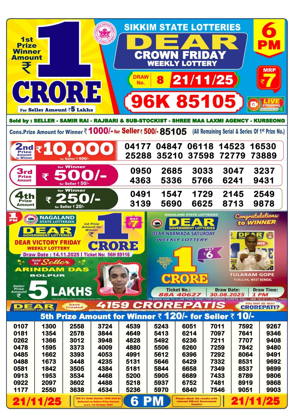 Nagaland Dear SEAGULL 8 PM Lottery Result Today 21-11-2025 OUT LIVE ...