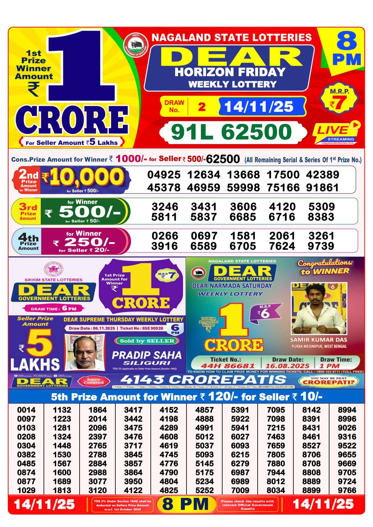Nagaland Dear SEAGULL 8 PM Lottery Result Today 14-11-2025 OUT LIVE ...
