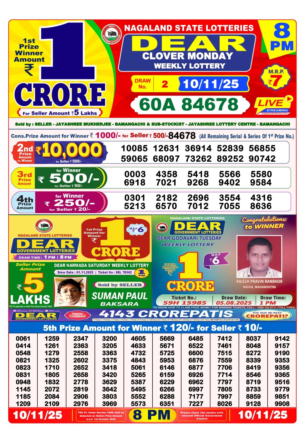 Nagaland Dear FINCH 8 PM Lottery Result Today 10-11-2025 (OUT) LIVE ...
