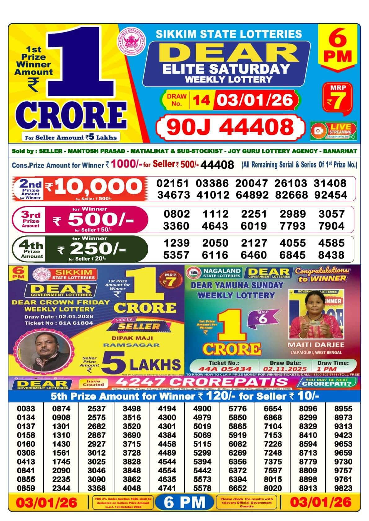 Nagaland Dear DONNER 6 PM Lottery Result Today 03.01.2026 (OUT) Live ...