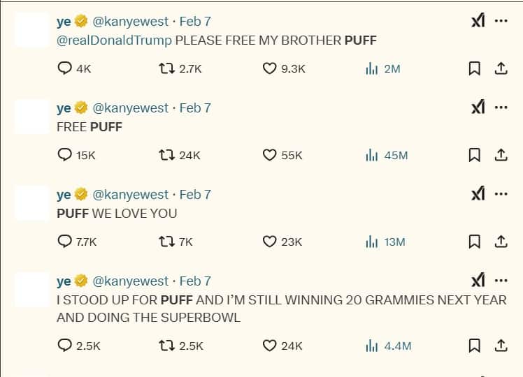 "FREE PUFF": Kanye West Calls Donald Trump To Release Rapper Sean ...