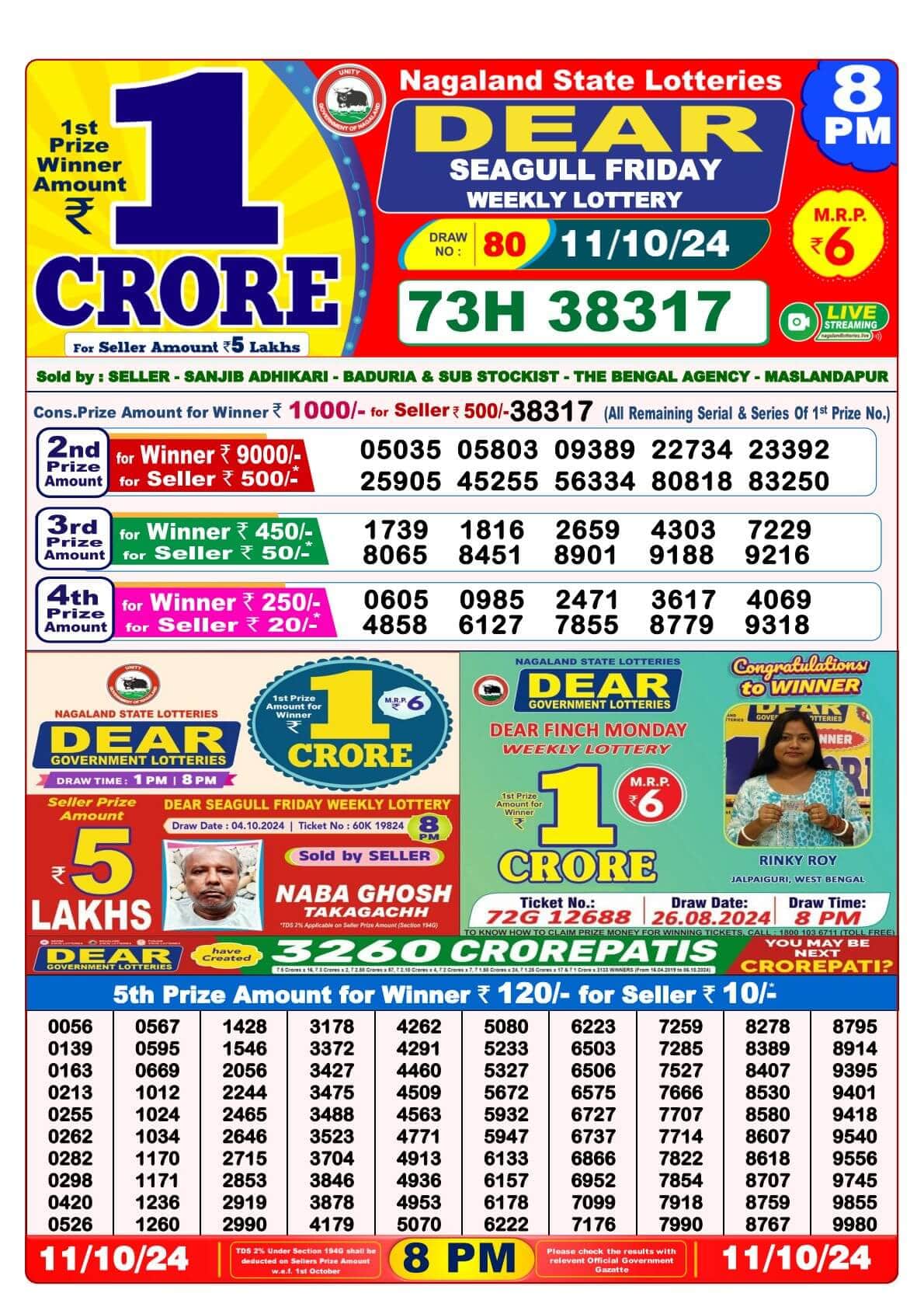 Nagaland Dear Seagull 8 PM Lottery Result Today 11-10-2024 (OUT) Live ...