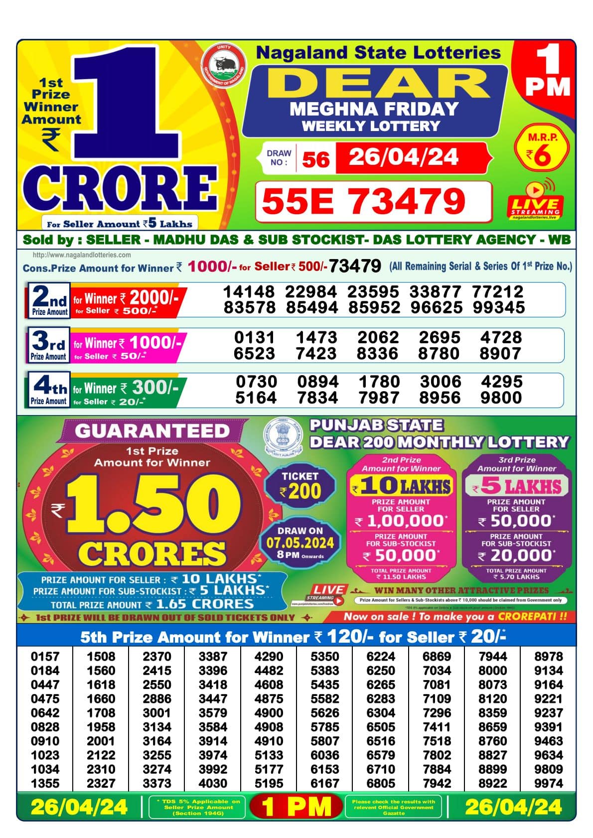 Nagaland Lottery Result 8 PM Winners List 26-04-2024 (OUT) LIVE: DEAR ...